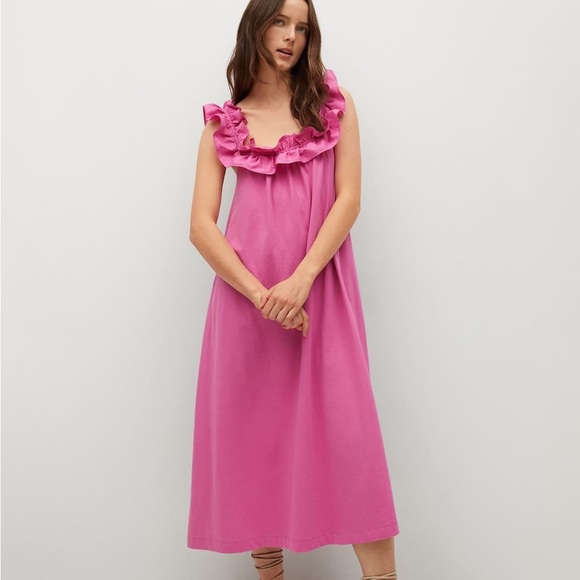 Mango | Dresses | Mng Mango Margot Pink Ruffle Off Shoulder Midi Dress ...